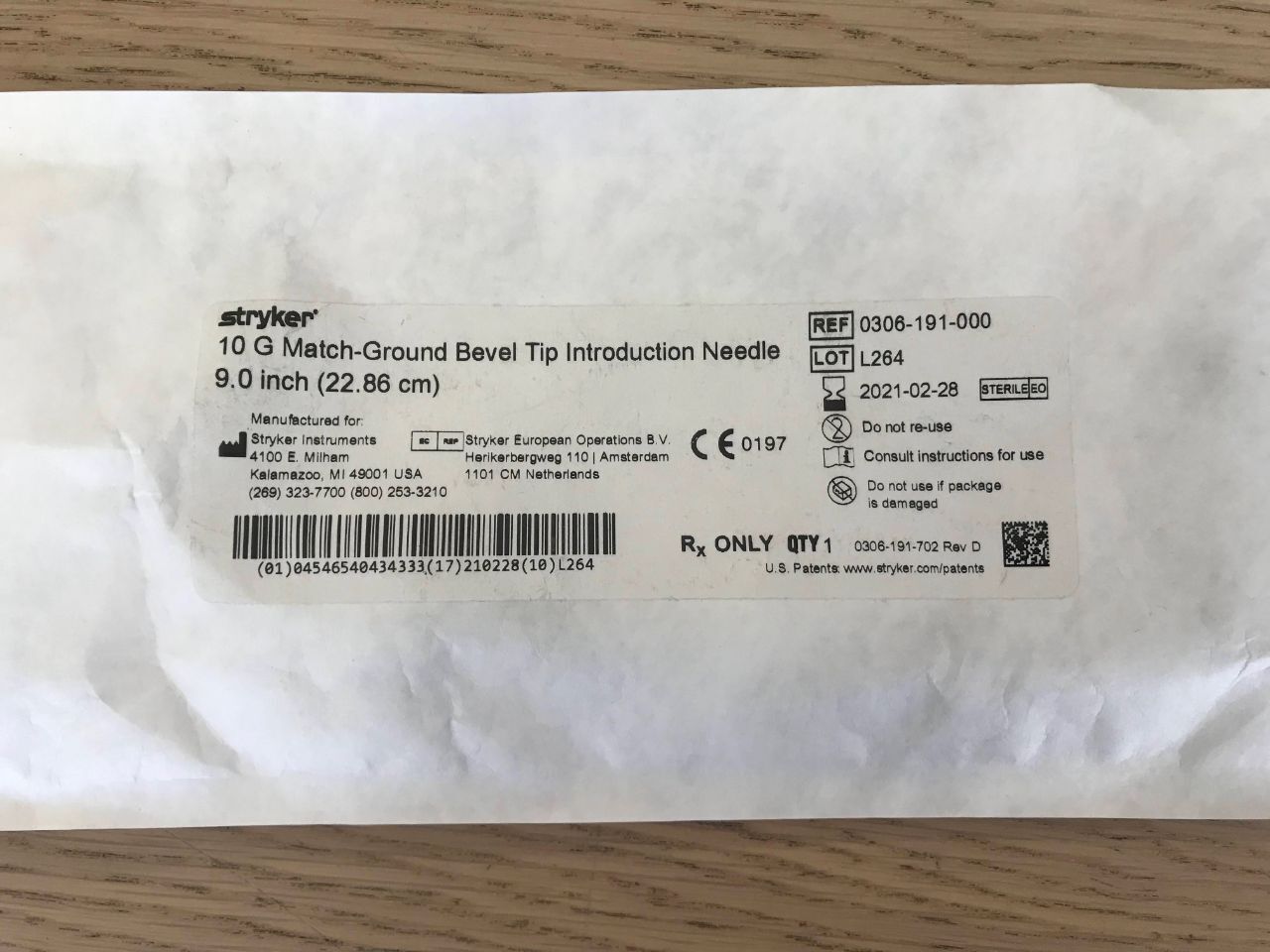 New STRYKER 0306-191-000 Match-Ground Bevel Tip Introduction Needle 10G ...